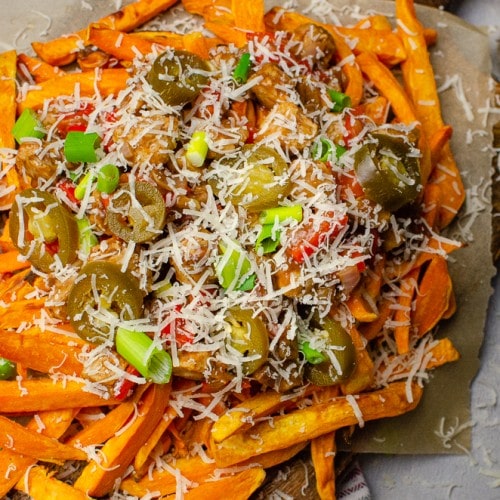 Loaded Vegan Sweet Potato Fries - with BBQ Textured Protein Chunks